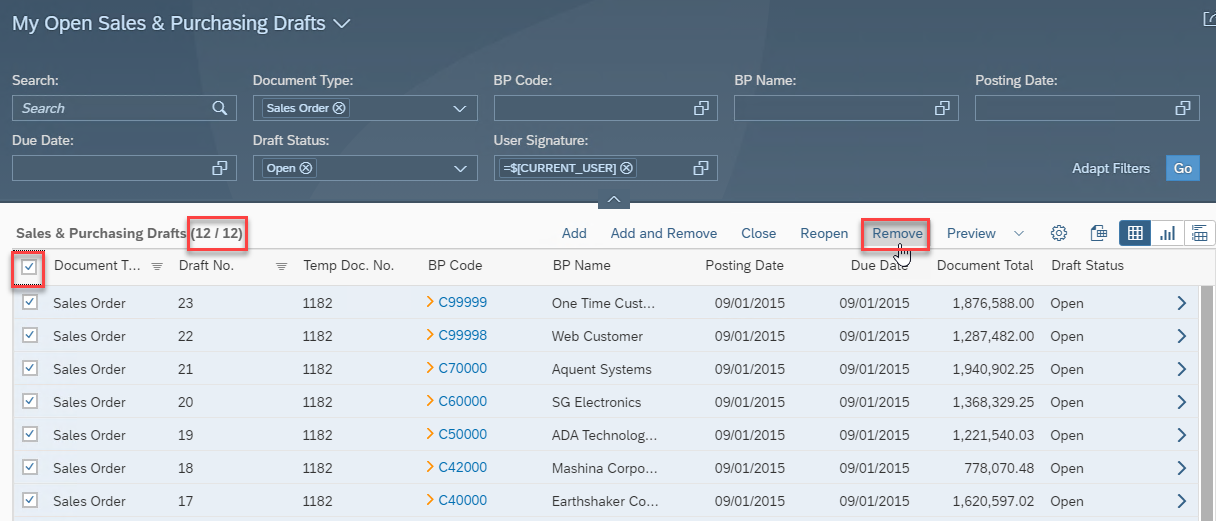 How to delete draft documents in SAP Business One Web Client